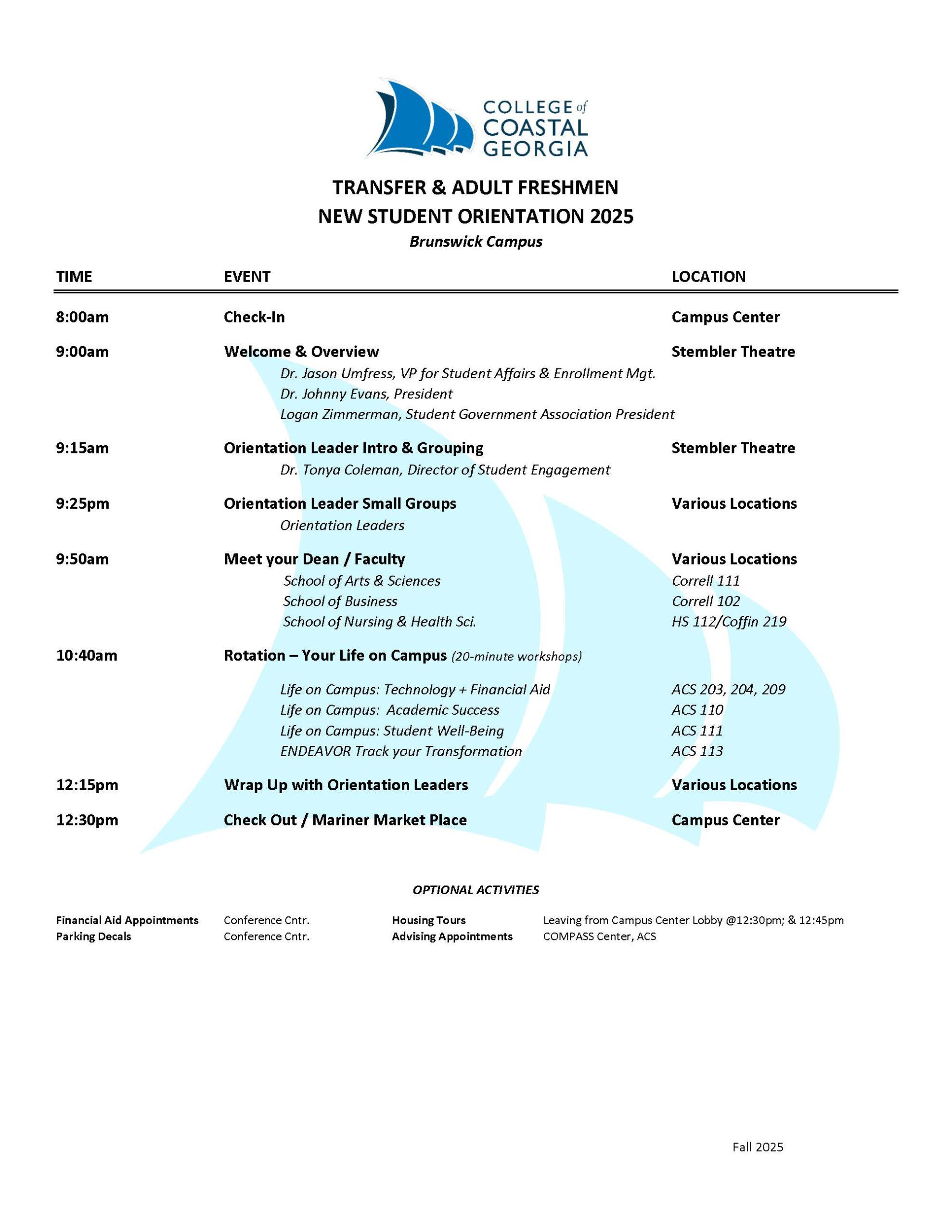 Transfer and Adult Freshmen New Student Orientation Schedule - College of Coastal Georgia